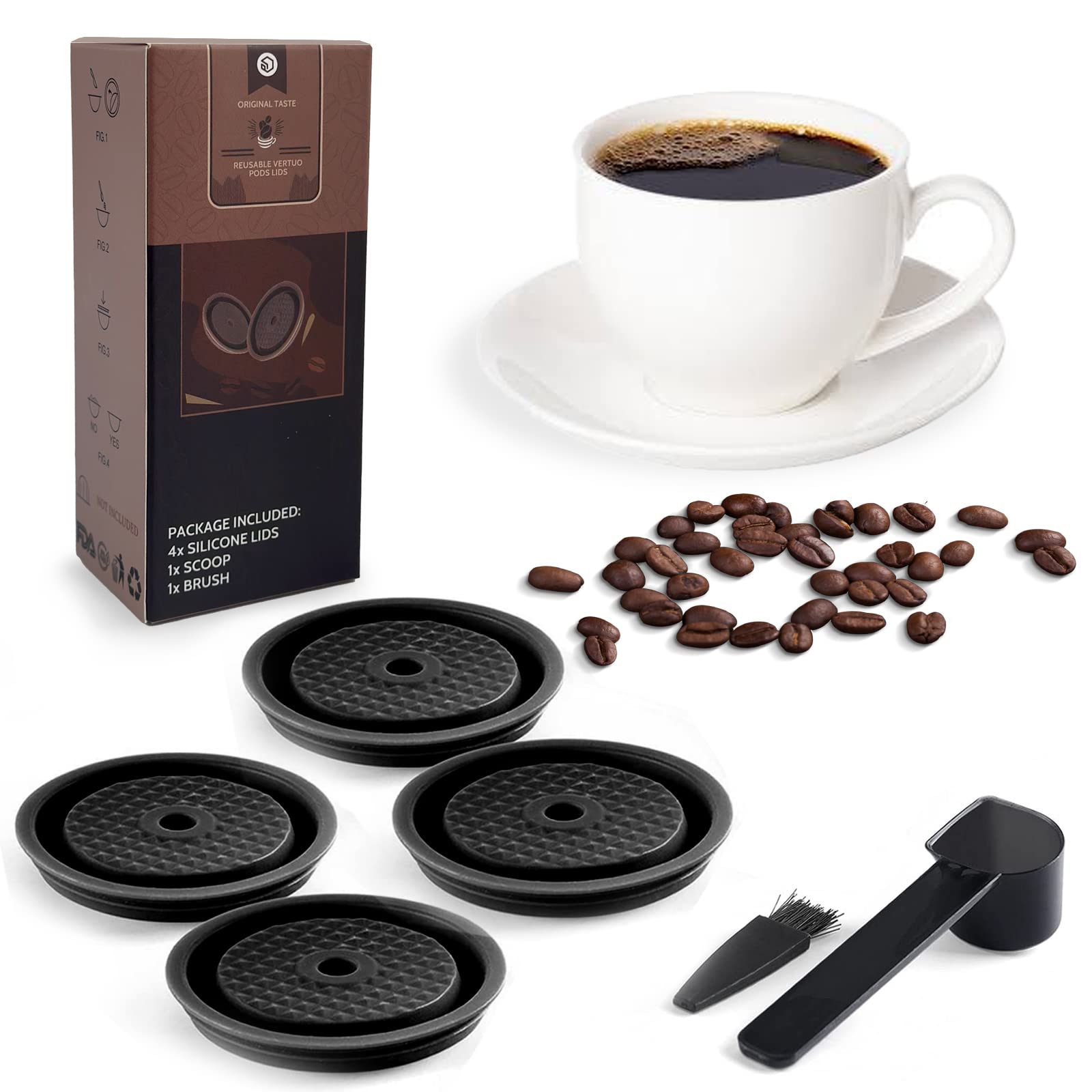 Reusable Coffee Capsule Lids for Original Nespress Vertuoline Pods, Food Grade Silicone Caps for Refillable Nespresso Vertuo Pods with Scoop and Brush, 4 PCS (Black)