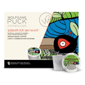 wolfgang puck jamaican me crazy, flavored, medium roast coffee, keurig k-cup brewer compatible pods, 120 count (pack of 1)