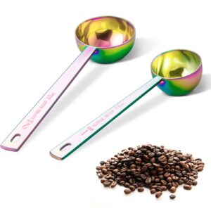 premium coffee scoop set, set of 2, metal stainless steel long handle coffee scoop, measuring coffee spoons contains 1 tablespoon (15 ml) and 2 tablespoons (30 ml) multicolor spoon.