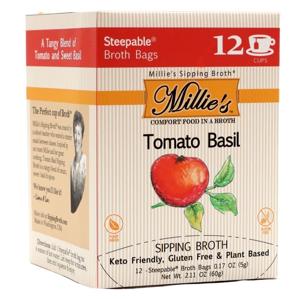 Millie’s Sipping Broth - Vegetable Broth -Natural-Gluten Free-Keto Friendly Tomato Basil 12 Count Box