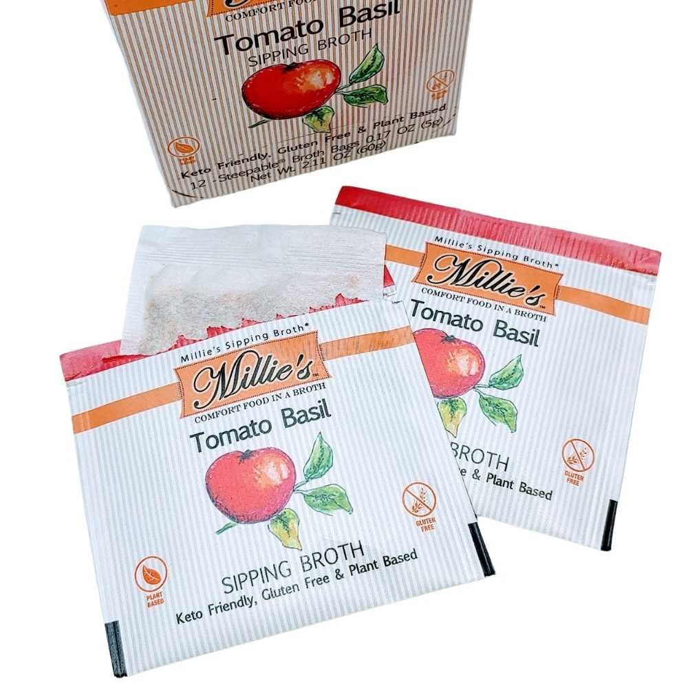 Millie’s Sipping Broth - Vegetable Broth -Natural-Gluten Free-Keto Friendly Tomato Basil 12 Count Box