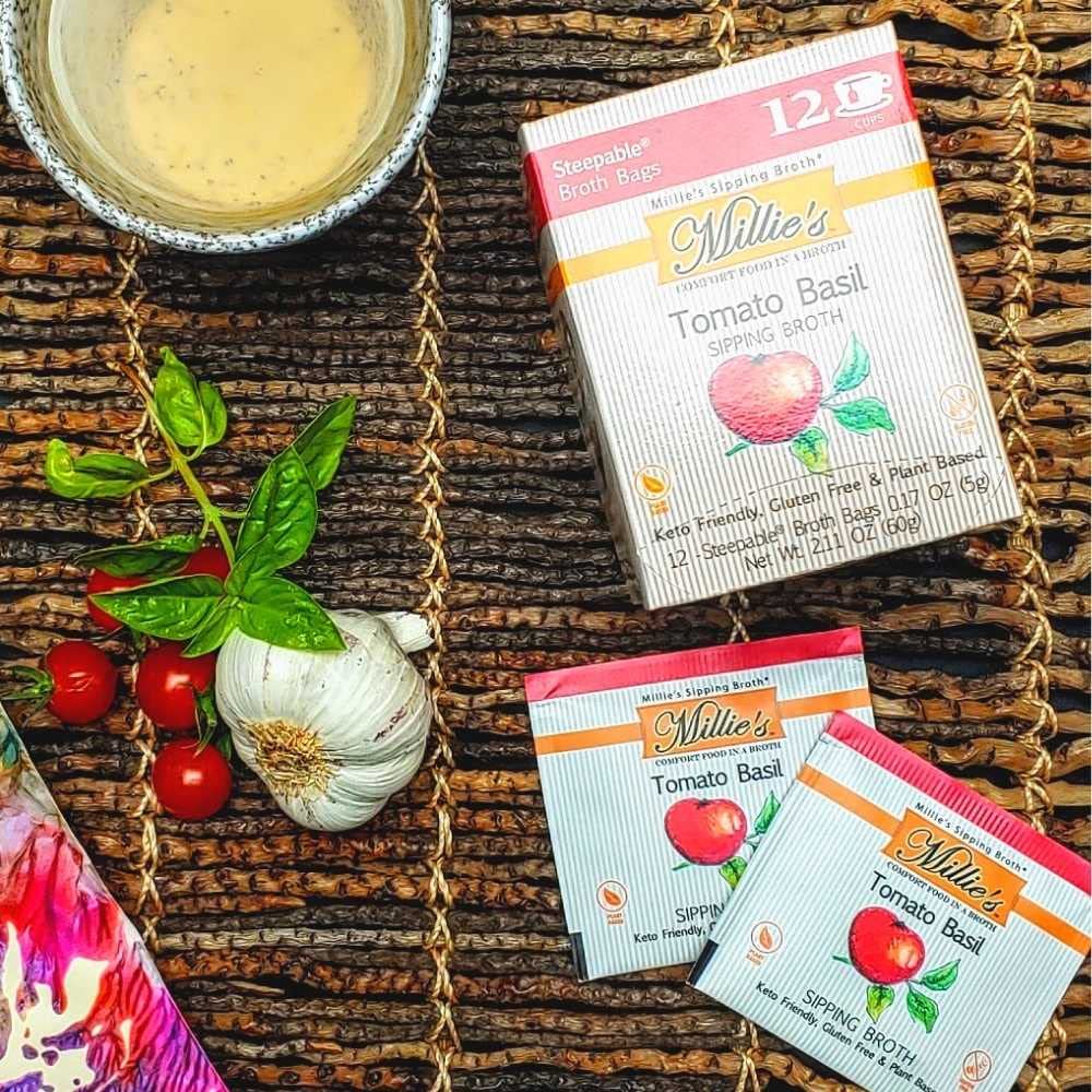 Millie’s Sipping Broth - Vegetable Broth -Natural-Gluten Free-Keto Friendly Tomato Basil 12 Count Box