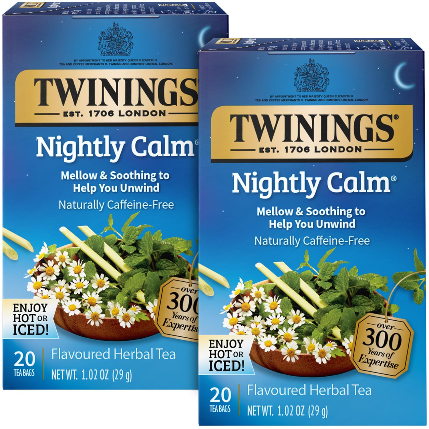 Twinings Nightly Calm Tea - Individually Wrapped Caffeine Free and Herbal Tea Bags, Sleep Tea with Calming Camomile, Spearmint and Lemongrass, Bedtime Tea, 20 Count (Pack of 2)