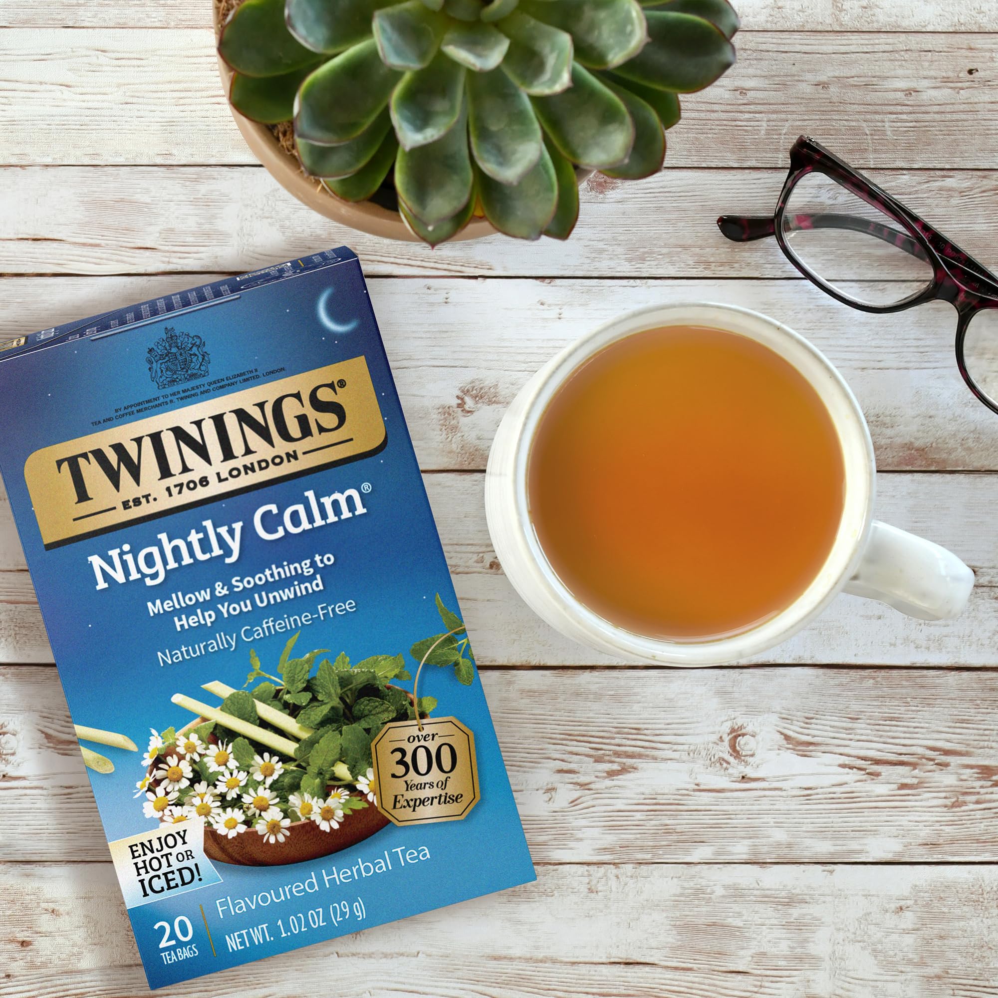 Twinings Nightly Calm Tea - Individually Wrapped Caffeine Free and Herbal Tea Bags, Sleep Tea with Calming Camomile, Spearmint and Lemongrass, Bedtime Tea, 20 Count (Pack of 2)