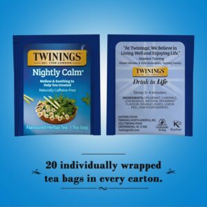 Twinings Nightly Calm Tea - Individually Wrapped Caffeine Free and Herbal Tea Bags, Sleep Tea with Calming Camomile, Spearmint and Lemongrass, Bedtime Tea, 20 Count (Pack of 2)