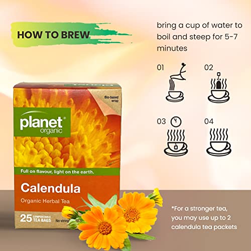 PLANET ORGANIC CALENDULA HERBAL TEA BAGS - 25 Tea Bags of Certified Organic Calendula Tea (Dried) for Natural Wellness, Non-GMO, Compostable Packaging (0.6oz/18g)