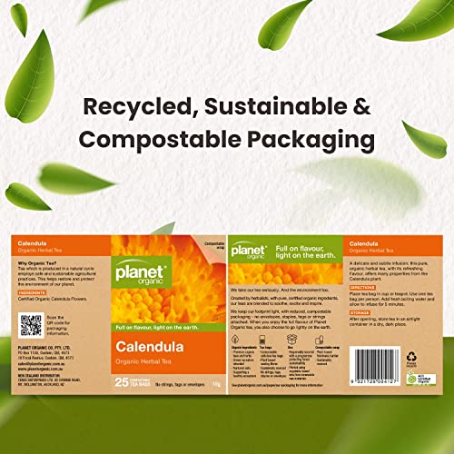 PLANET ORGANIC CALENDULA HERBAL TEA BAGS - 25 Tea Bags of Certified Organic Calendula Tea (Dried) for Natural Wellness, Non-GMO, Compostable Packaging (0.6oz/18g)