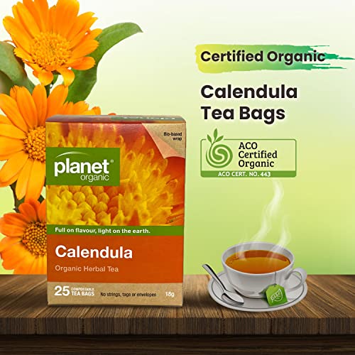 PLANET ORGANIC CALENDULA HERBAL TEA BAGS - 25 Tea Bags of Certified Organic Calendula Tea (Dried) for Natural Wellness, Non-GMO, Compostable Packaging (0.6oz/18g)