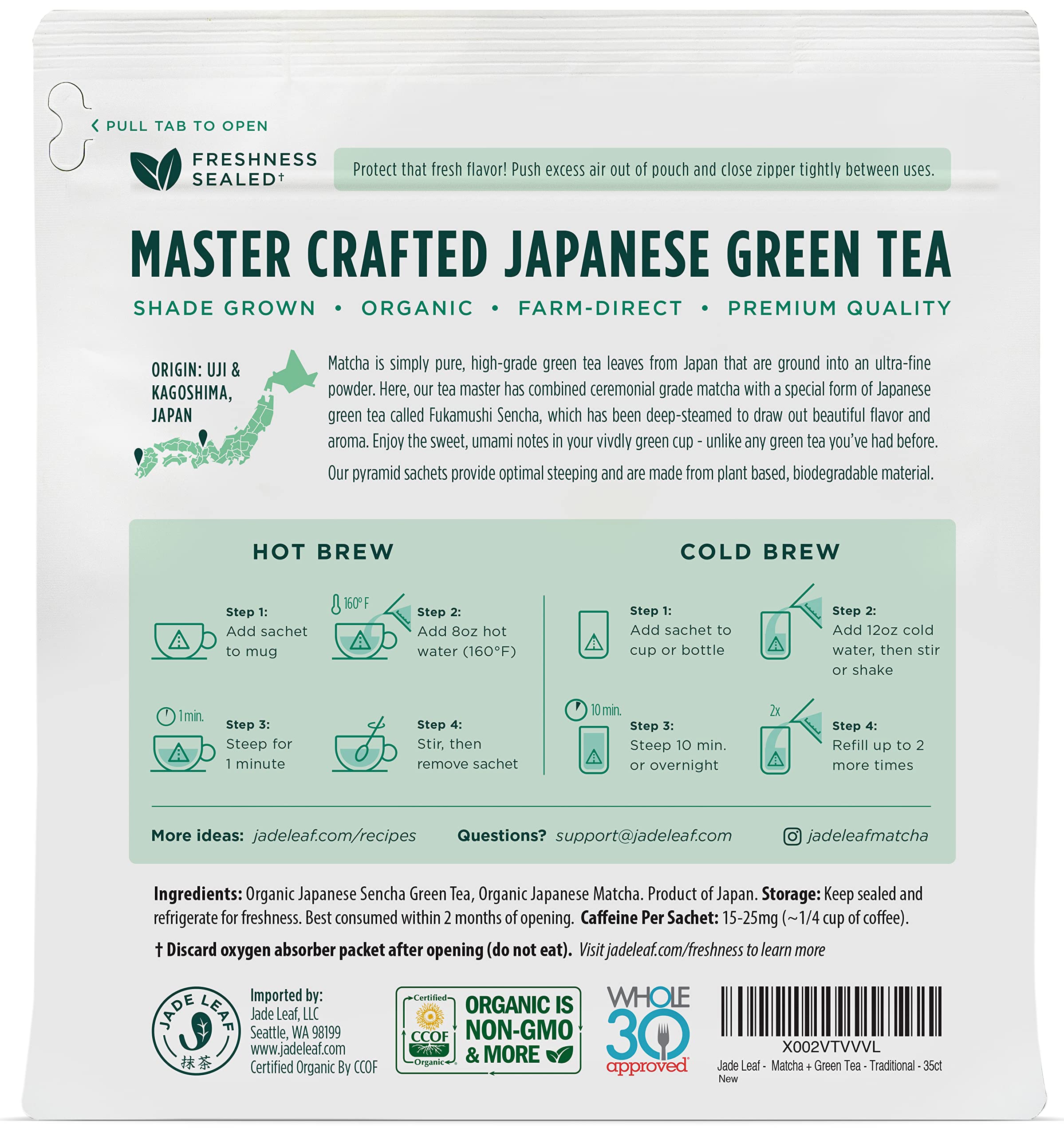 Jade Leaf Matcha Organic Matcha + Green Tea Bags - Traditional - Ceremonial Matcha + Whole Leaf Sencha - Authentically Japanese (35 Pyramid Sachets)