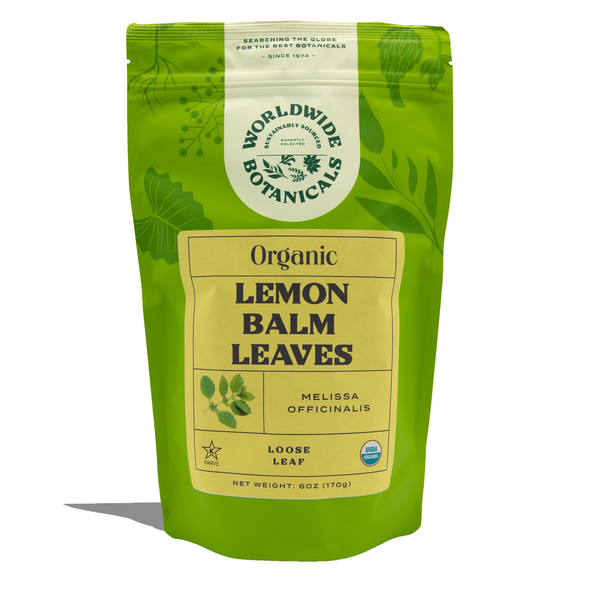 Worldwide Botanicals Organic Lemon Balm Tea - Loose Leaf Premium Herbal Tea | 100% Pure Lemon Balm Leaves | Calming Tea for Stress Relief and Good Digestion | Kosher, 6 Ounces