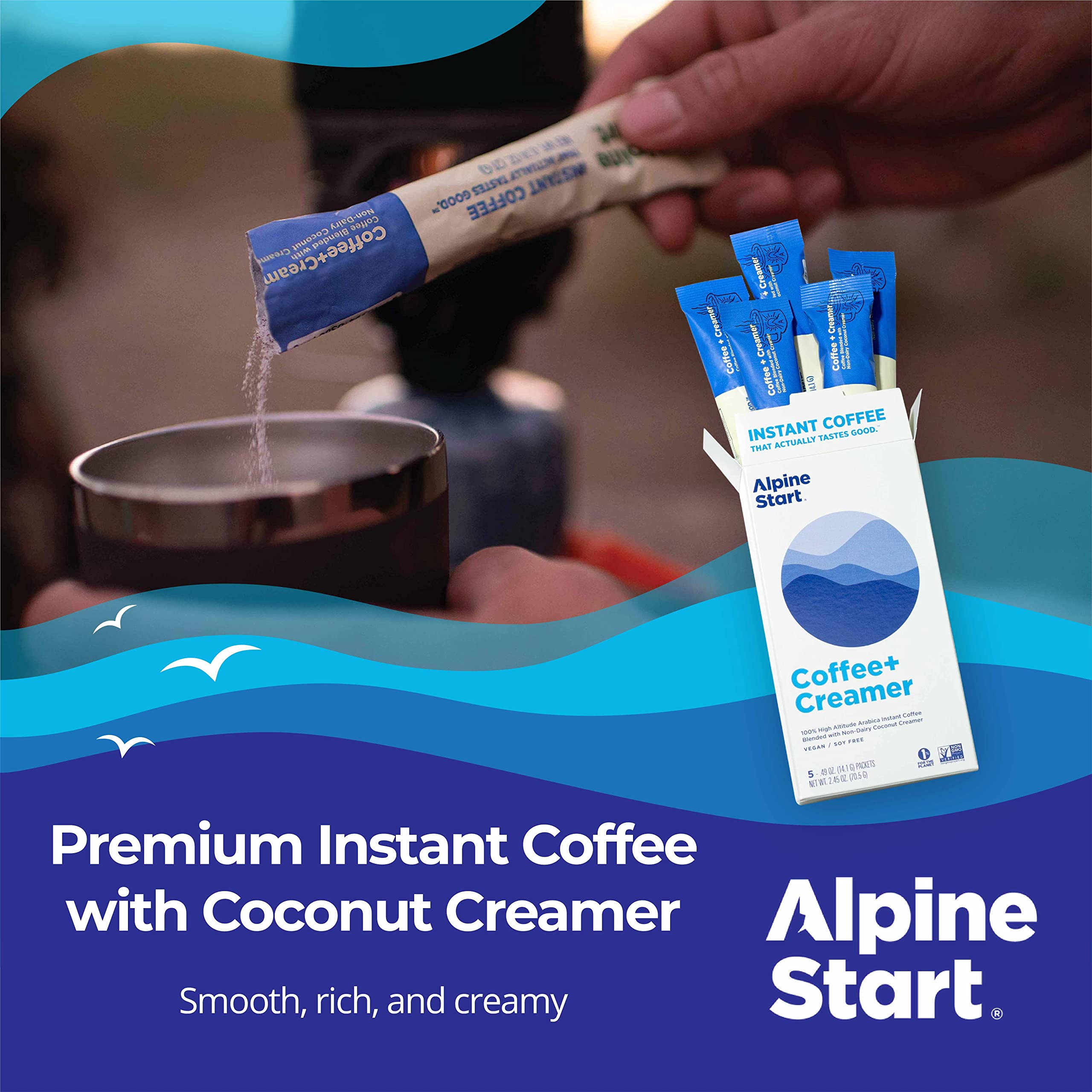 Alpine Start Premium Instant Coffee, Non-Dairy Coconut Creamer, 100% High Altitude Colombian Arabica Coffee, Non-GMO, Dairy Free, Soy Free, 5 Single Serve Packets, 0.74 oz (Pack of 1)