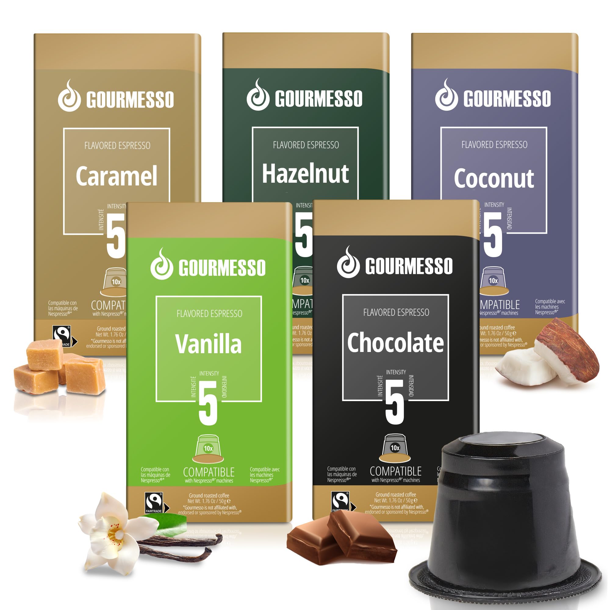 Gourmesso 50ct Flavored Espresso Pods | Int.5 | Proudly Fairtrade | Compatible with Nespresso Original Capsule Machines | Caramel Vanilla Chocolate Hazelnut Coconut