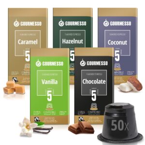 Gourmesso 50ct Flavored Espresso Pods | Int.5 | Proudly Fairtrade | Compatible with Nespresso Original Capsule Machines | Caramel Vanilla Chocolate Hazelnut Coconut