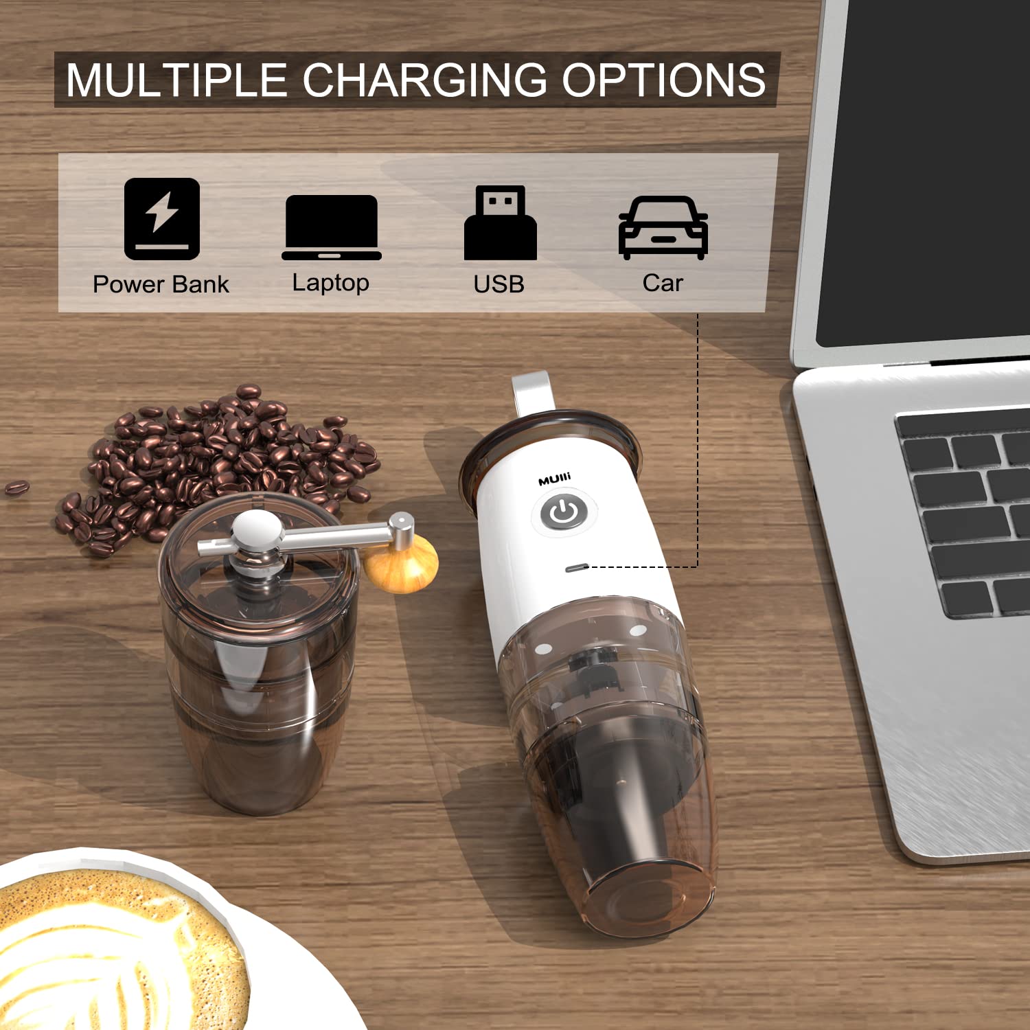 Mulli Update Portable Burr Coffee Grinder,Electric/Manual 2-in-1 Cafe Grind, Adjustable Burr Mill with 5 Precise Grind Setting for Drip/Espresso/PourOver and More