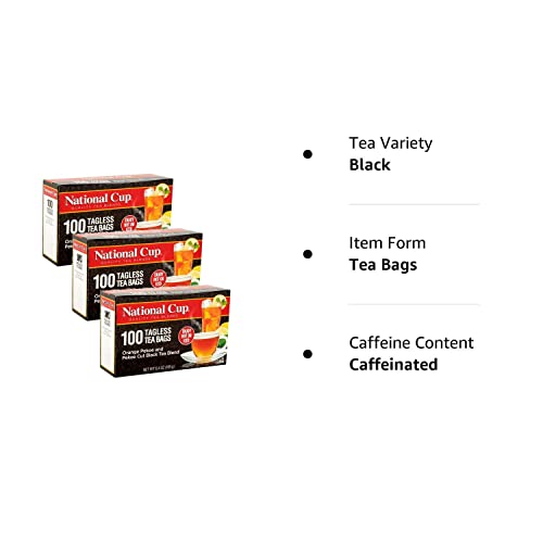 National Cup, Tagless Orange Pekoe and Pekoe Cut Black Tea Blend, Tea Bags, 100 Ct, Pack of 3