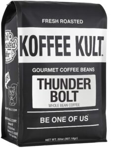 koffee kult thunder bolt dark roast coffee beans, whole bean, fresh roasted, 100% arabica robust blend of colombian and brazil whole beans bulk 32oz