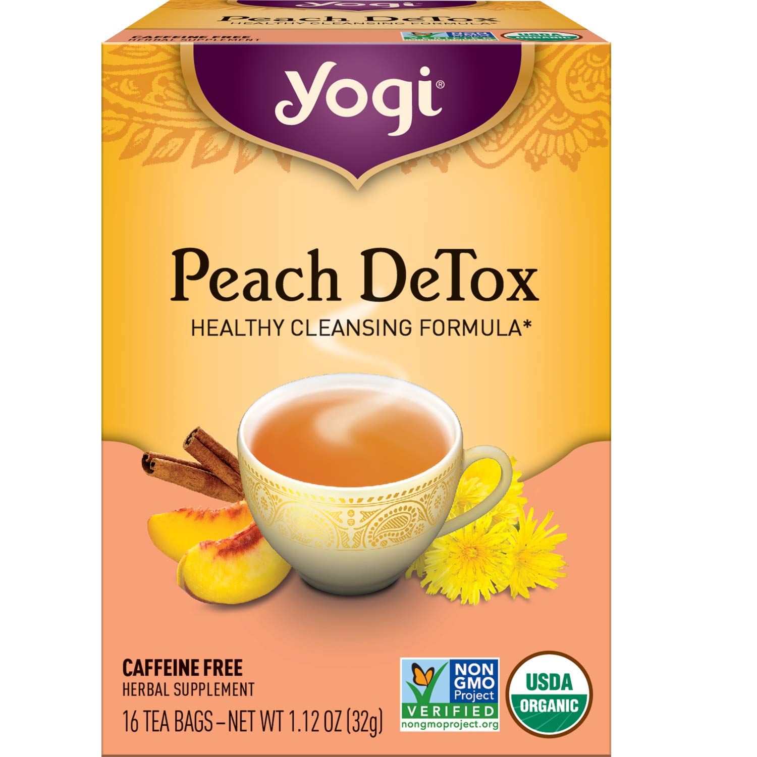 Yogi Tea Peach DeTox Tea - 16 Tea Bags per Pack (4 Packs) - Organic DeTox Tea to Feel Refreshed - Includes Cinnamon Bark, Ginger Root, Cardamom Pod, Burdock Root, Dandelion Root & More