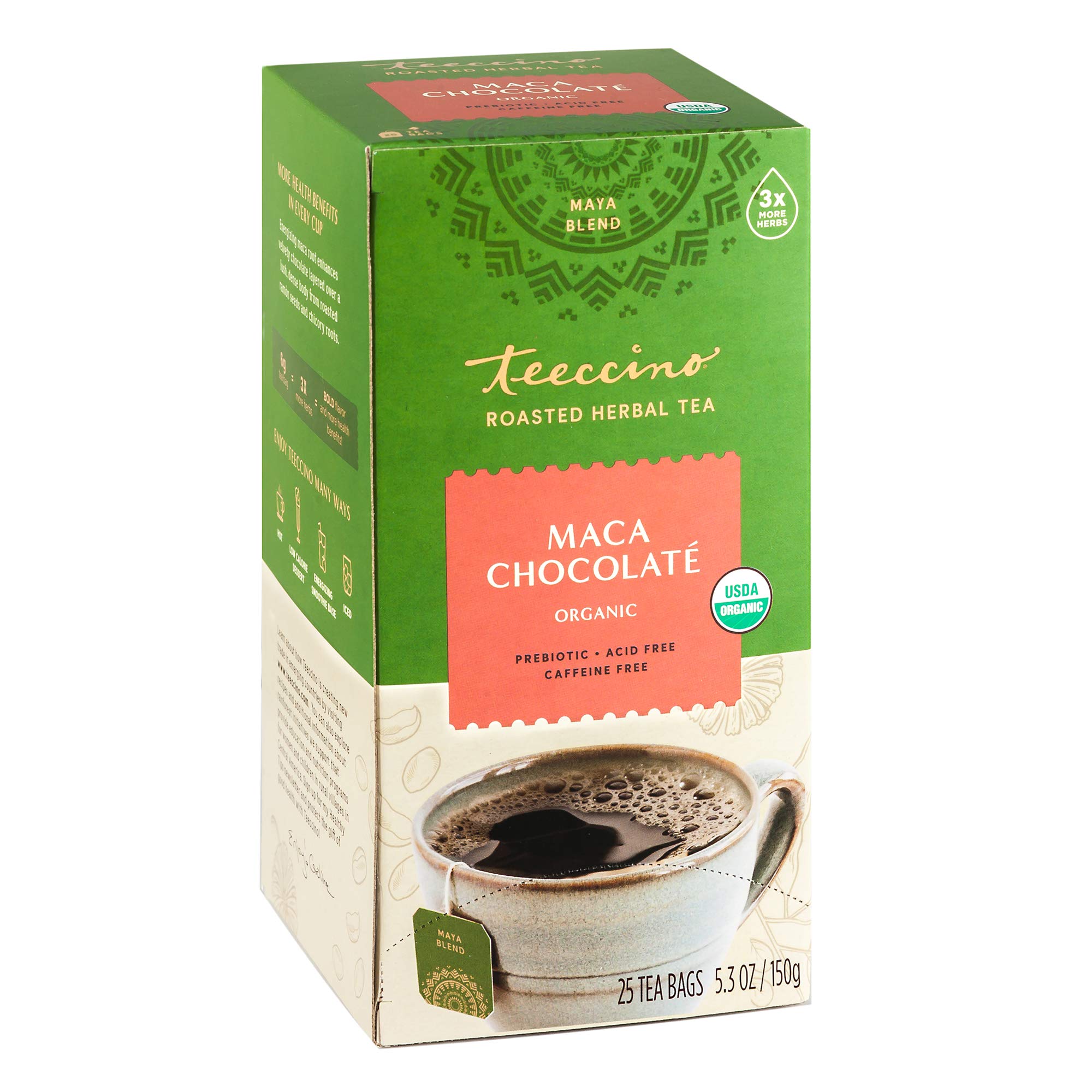 Teeccino Maca Chocolaté Herbal Tea - Rich & Roasted Herbal Tea That’s Caffeine Free & Prebiotic with Natural Energy from Adaptogenic Peruvian Maca, 25 Tea Bags