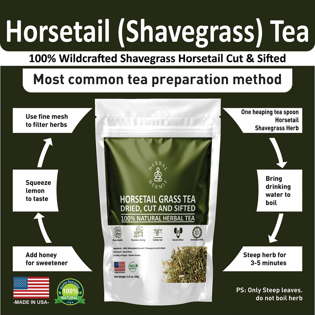 Horsetail Herb Tea for Healthy Urinary Tract, Cola de Caballo Hierba Te Shavegrass Herb | Dried Leaves, Cut and Sifted| 3oz (85 grams)| Made in USA