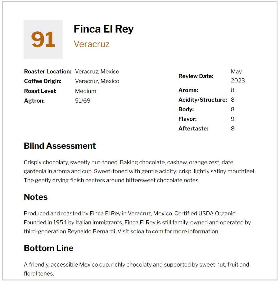 Finca El Rey, Organic Coffee Beans Whole, Veracruz Mexico Single Origin, Coffee Whole Beans, Whole Bean Coffee Medium Roast Coffee, Coffee Organic, Expresso Beans, Certified USDA Organic, 1LB Bag