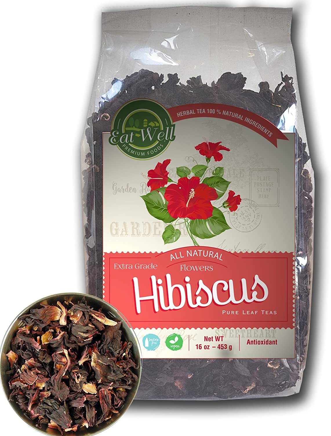 Eat Well Whole Hibiscus Flowers 16 oz Packet, Dried Hibiscus Flower for Hibiscus Tea Bulk Hibiscus Sabdariffa, Natural Edible Culinary Roselle Flowers, Gourmet Herbal Tea Ingredient for Loose Leaf Tea…