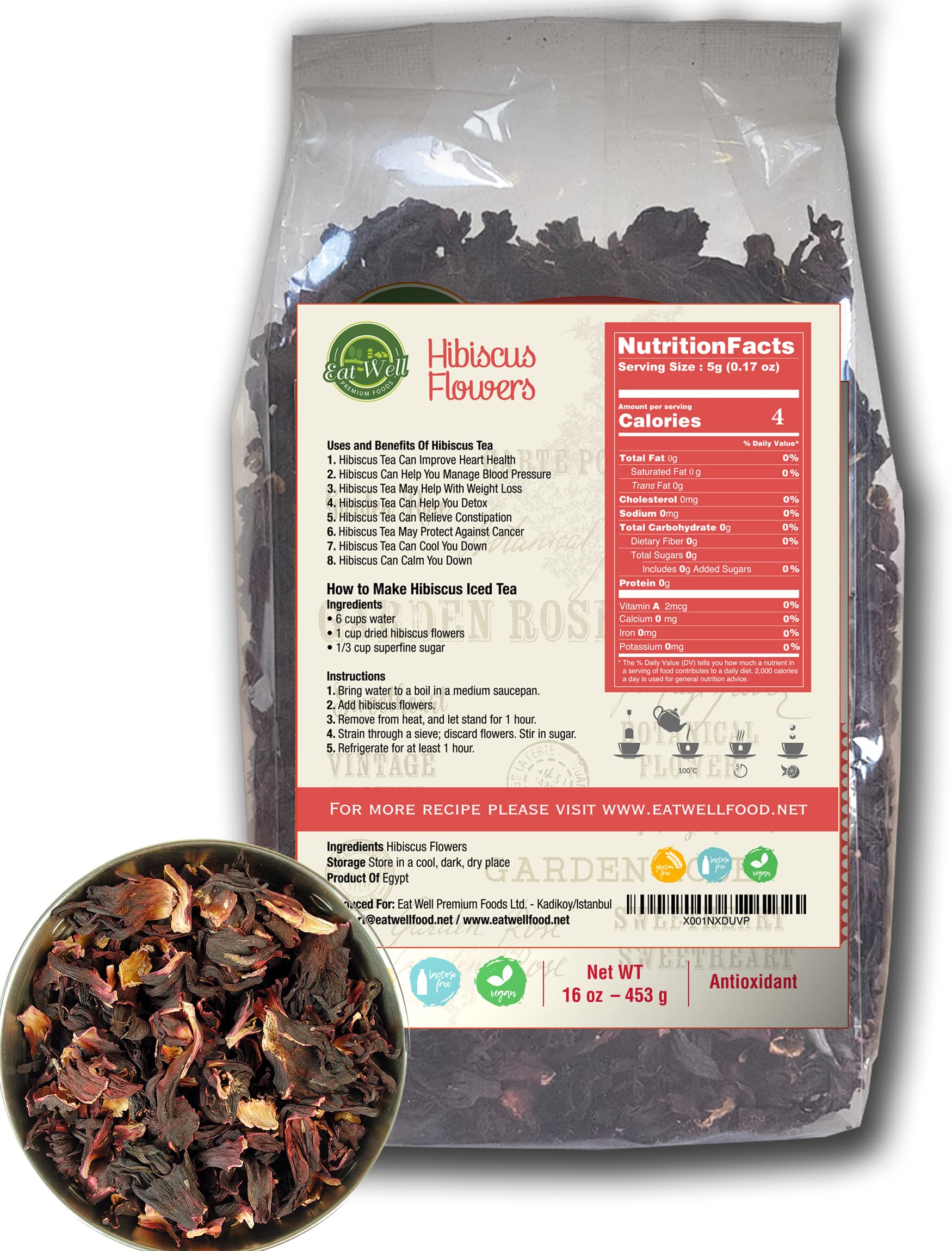 Eat Well Whole Hibiscus Flowers 16 oz Packet, Dried Hibiscus Flower for Hibiscus Tea Bulk Hibiscus Sabdariffa, Natural Edible Culinary Roselle Flowers, Gourmet Herbal Tea Ingredient for Loose Leaf Tea…