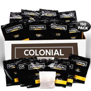 colonial coffee roasters in-room hotel ground coffee filter portion packs, dark roast, 0.50 ounce (pack of 150), use with 4-cup drip coffee machine