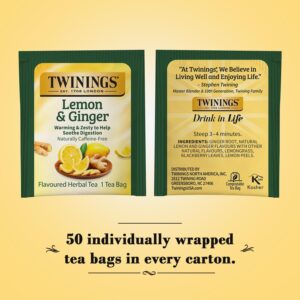 Twinings Lemon & Ginger Tea - Refreshing Ginger Root and Lemon Tea, Naturally Caffeine-Free Herbal Tea Bags Individually Wrapped, 50 Count