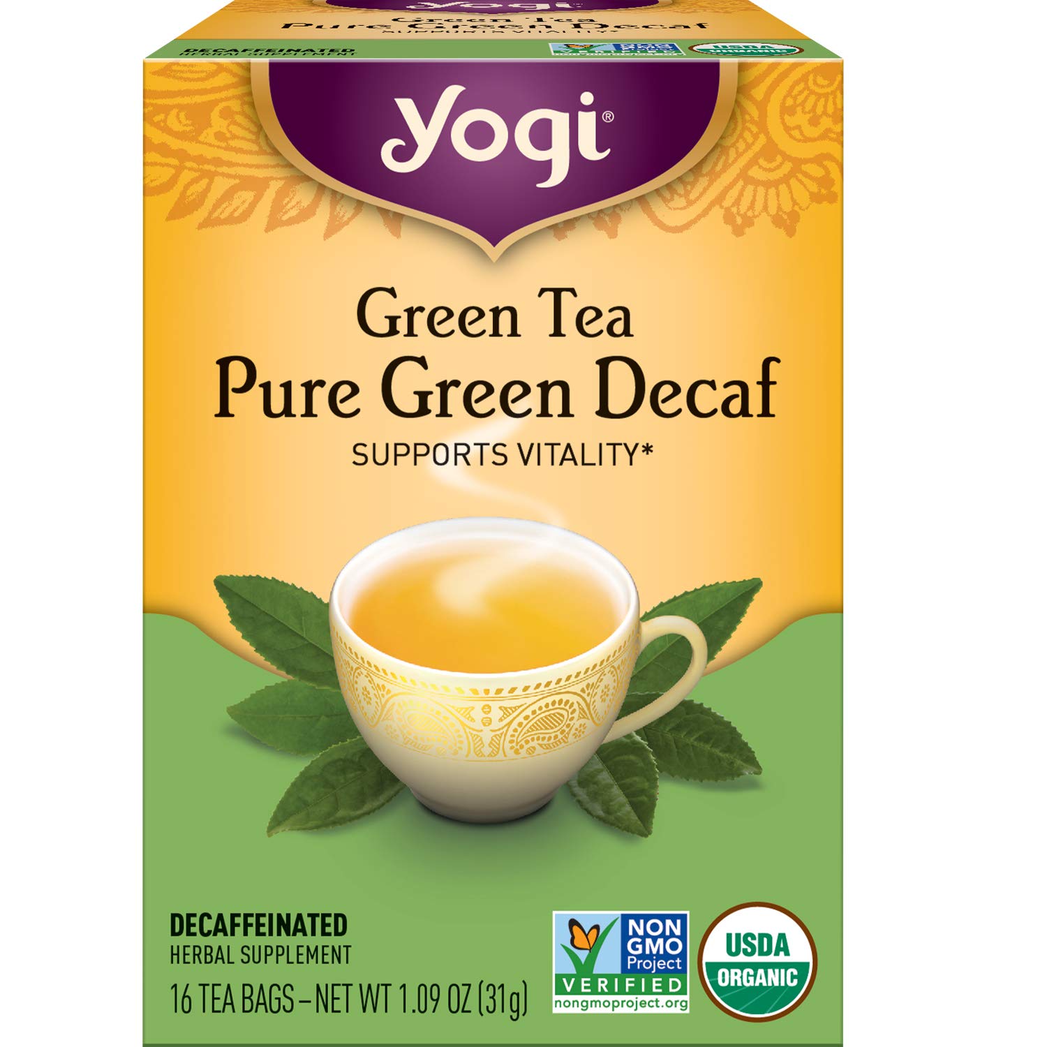 Yogi Tea Green Tea Pure Green Decaf Tea - 16 Tea Bags per Pack (4 Packs) - Organic Decaffeinated Green Tea - Supports Overall Health - Made from Organic Decaffeinated Green Tea Leaf