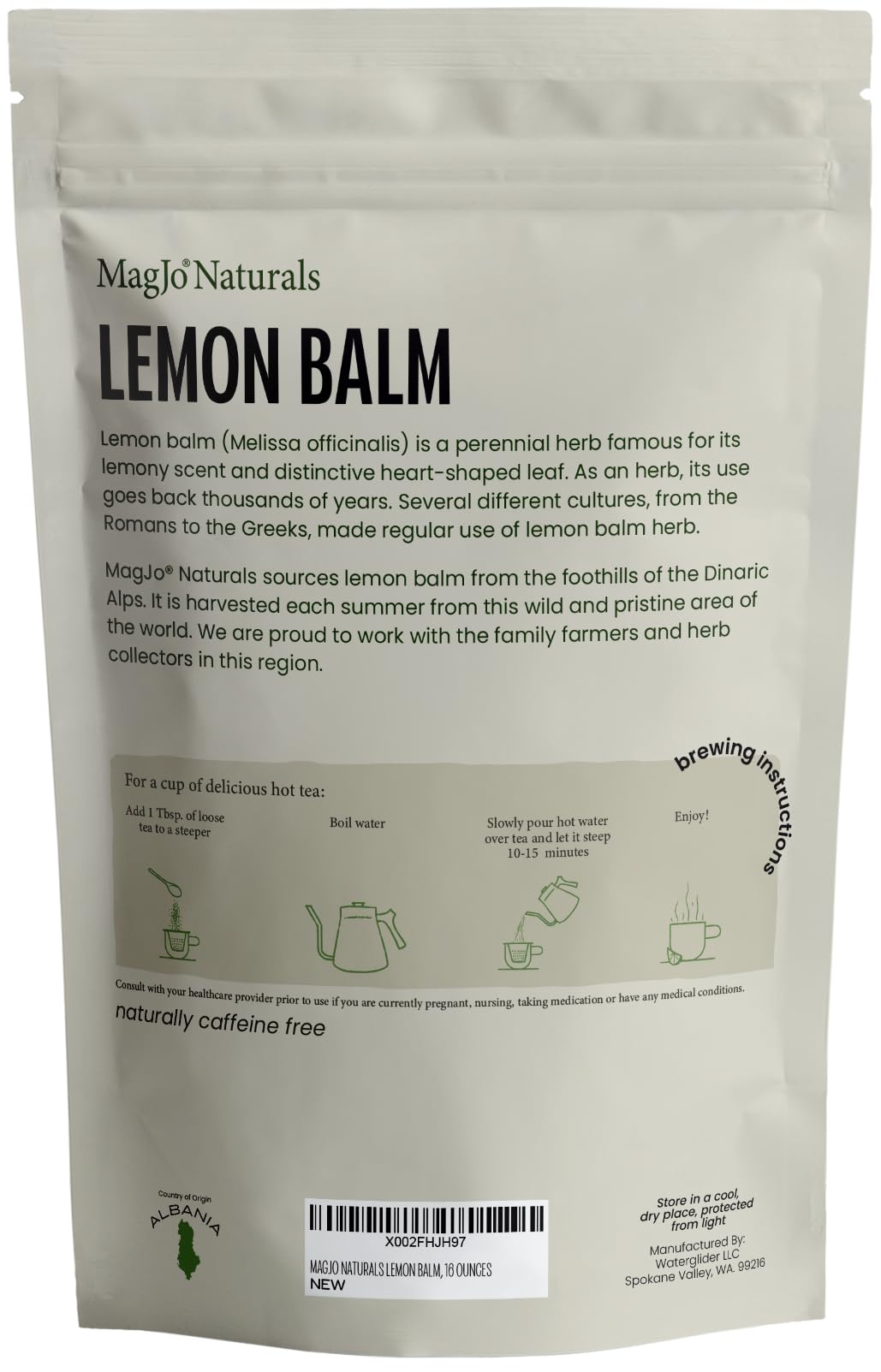 MagJo Naturals Lemon Balm Tea, Bulk Herbal Tea, Loose Leaf Melissa Officinalis, Caffeine Free, Cut and Sifted, 1 pound (16 ounces) (1 pack)