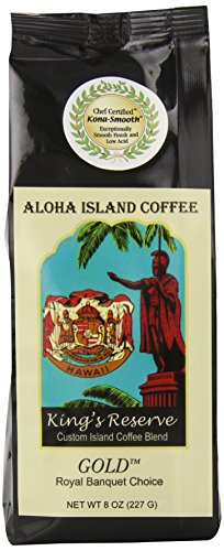 Aloha Island Coffee, GOLD King Reserve Kona Hawaiian Coffee Blend, Medium Roast, 8 Oz Ground, 8-ounces