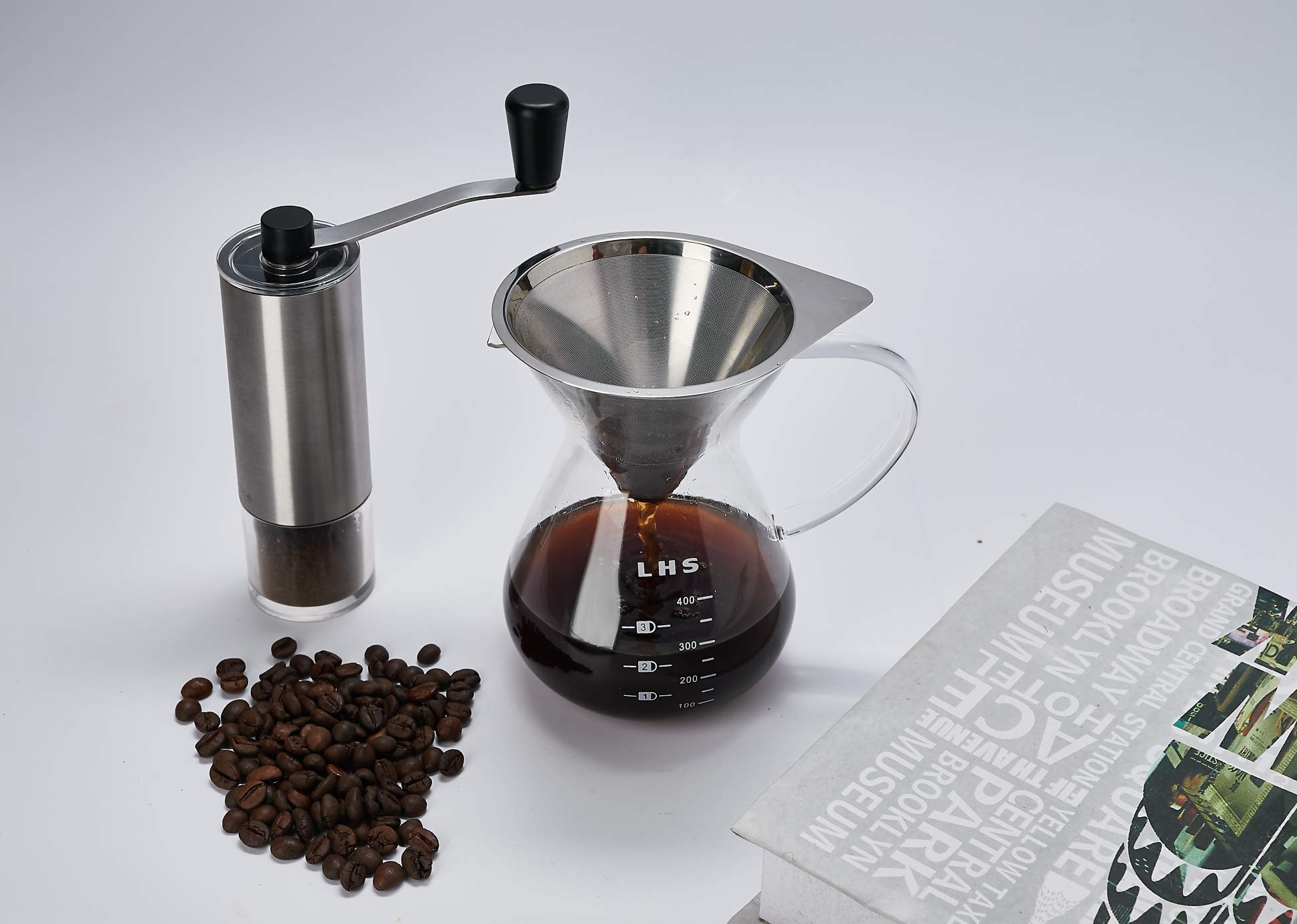 LHS Manual Coffee Grinder with Ceramic Burrs, Hand Coffee Bean Grinder with 2 Containers Adjustable Coarseness for Home, Office and Travelling