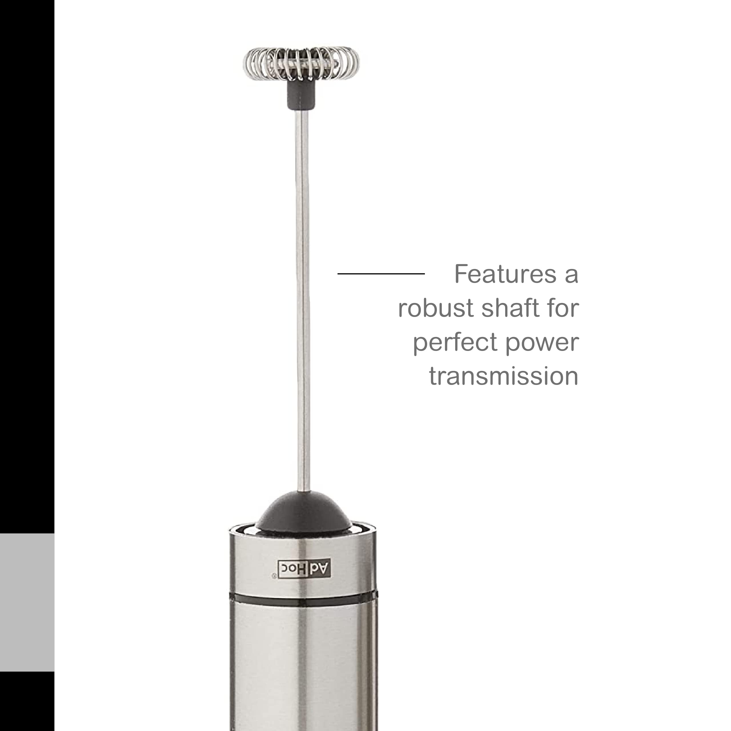 AdHoc Rapido Milk and Sauce Frother - Battery Operated Handheld Milk Frother - Mini Electric Whisk and Frother for Milkshakes, Cocktails, Sauces, Coffee Drinks, and Soups - Stainless Steel, 8.25"