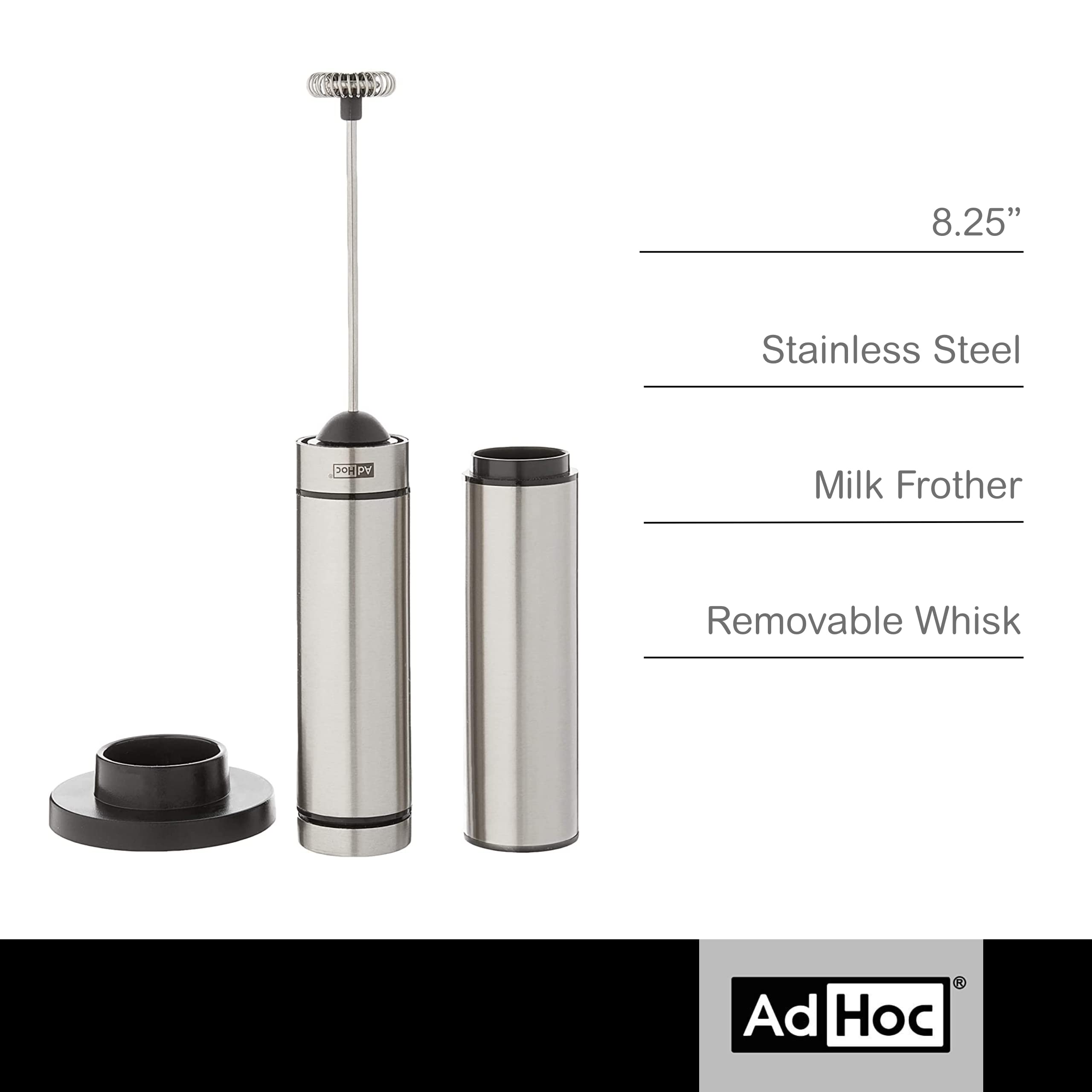 AdHoc Rapido Milk and Sauce Frother - Battery Operated Handheld Milk Frother - Mini Electric Whisk and Frother for Milkshakes, Cocktails, Sauces, Coffee Drinks, and Soups - Stainless Steel, 8.25"