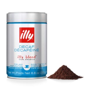 illy decaffeinated ground espresso coffee, classic medium roast with notes of toasted bread, 100% arabica coffee, no preservatives, 8.8 ounce can (pack of 2)