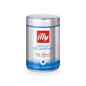 illy Decaffeinated Ground Espresso Coffee, Classic Medium Roast with Notes of Toasted Bread, 100% Arabica Coffee, No Preservatives, 8.8 Ounce Can (Pack of 2)