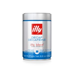 illy Decaffeinated Ground Espresso Coffee, Classic Medium Roast with Notes of Toasted Bread, 100% Arabica Coffee, No Preservatives, 8.8 Ounce Can (Pack of 2)