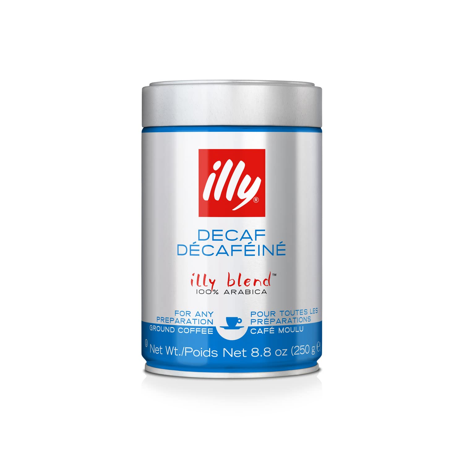 illy Decaffeinated Ground Espresso Coffee, Classic Medium Roast with Notes of Toasted Bread, 100% Arabica Coffee, No Preservatives, 8.8 Ounce Can (Pack of 2)