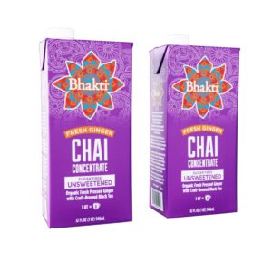 bhakti sugar free chai concentrate, unsweetened, fresh pressed ginger and black tea blend, vegan, organic, gluten-free, all-natural ingredients, 32 ounce cartons (pack of 2)