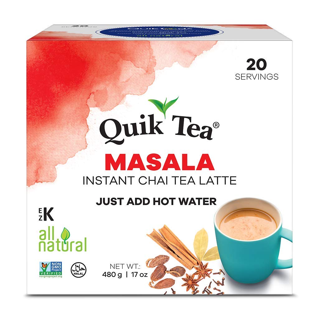 QuikTea Masala Chai Tea Latte 20 Pouches - Packaging May Vary | Single Serve | All Natural & Preservative Free Authentic Instant Chai