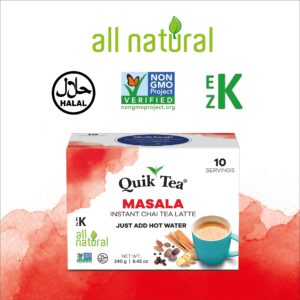 QuikTea Masala Chai Tea Latte 20 Pouches - Packaging May Vary | Single Serve | All Natural & Preservative Free Authentic Instant Chai