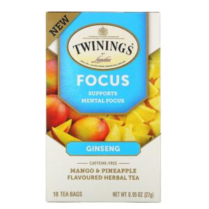 twinings focus tea - mango & pineapple flavoured hibiscus tea with revitalizing ginseng root, naturally caffeine-free herbal tea bags individually wrapped, 18 count