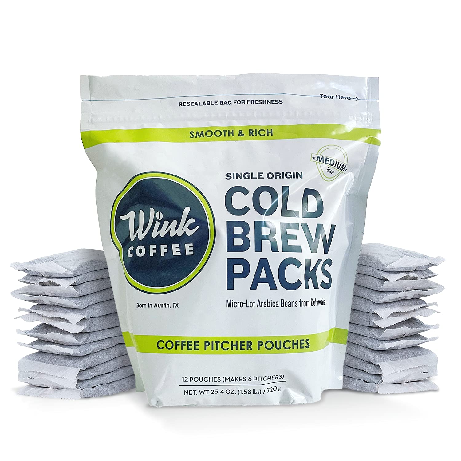 Wink Coffee Cold Brew Pitcher Packs, Coarse Ground 100% Arabica Coffee Beans, Single Origin Colombian Andes, 12 Count, Makes 42 Cups or 6 Large Pitchers, Smooth, Bold & Sweet