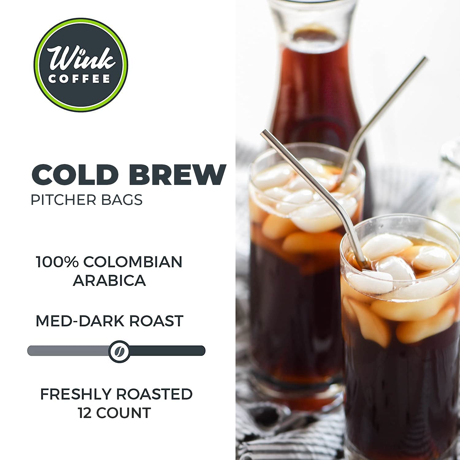 Wink Coffee Cold Brew Pitcher Packs, Coarse Ground 100% Arabica Coffee Beans, Single Origin Colombian Andes, 12 Count, Makes 42 Cups or 6 Large Pitchers, Smooth, Bold & Sweet