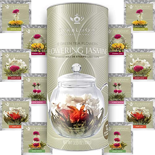 Teabloom Jasmine Flowering Tea – Hand Tied Green Tea Leaves + Jasmine Blossoms Flowering Tea Creations – Blooming Tea Gift Set – 12-Pack, 36 Steeps, Makes 250 Cups