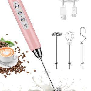 Nahida Handheld Milk Frother for Coffee, Rechargeable Electric Whisk with 3 Heads 3 Speeds Drink Mixer Foam Maker For Latte, Cappuccino, Hot Chocolate, Egg - Pink