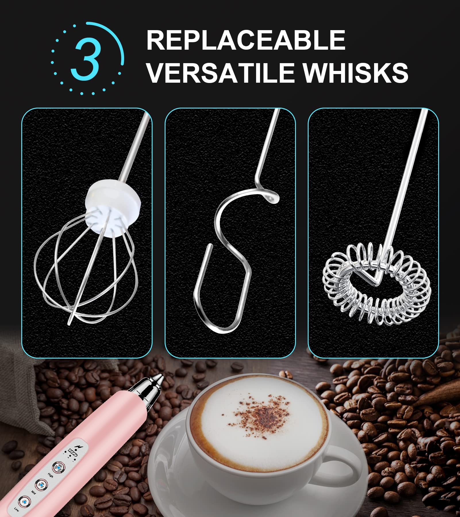 Nahida Handheld Milk Frother for Coffee, Rechargeable Electric Whisk with 3 Heads 3 Speeds Drink Mixer Foam Maker For Latte, Cappuccino, Hot Chocolate, Egg - Pink