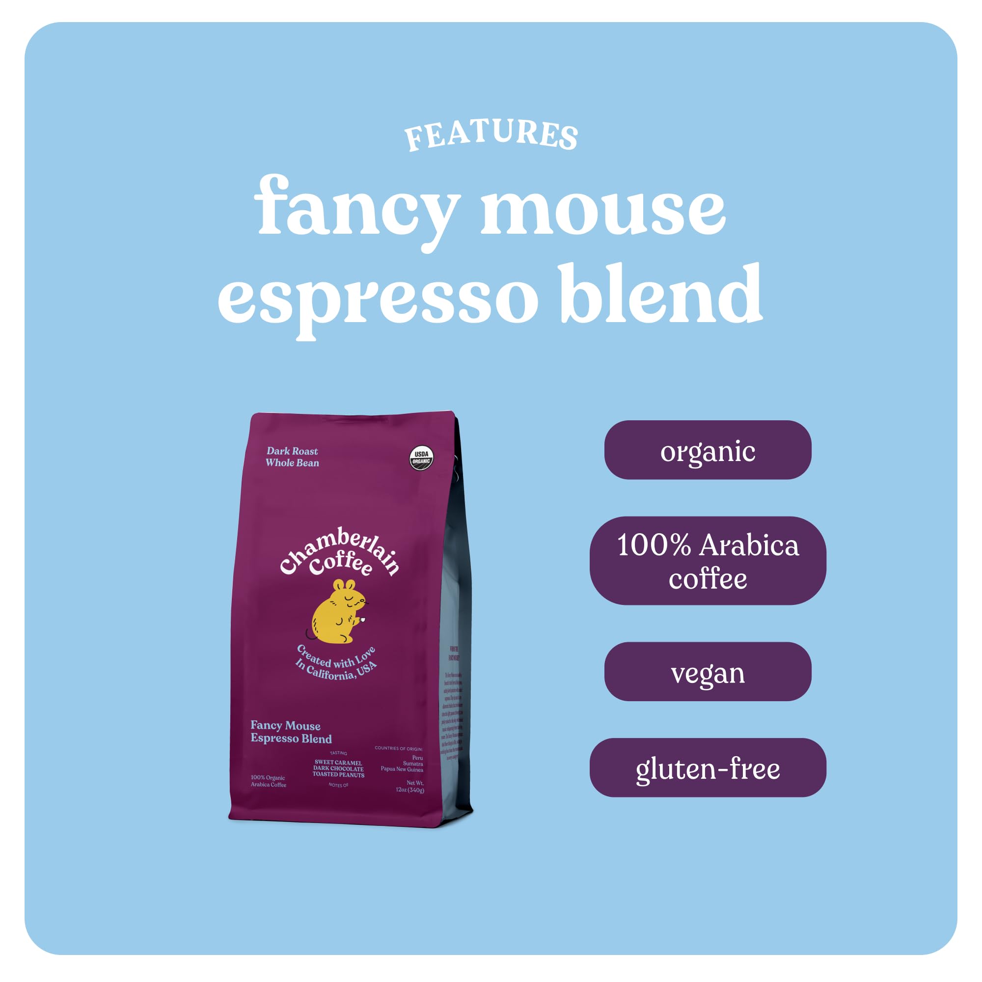 Chamberlain Coffee Fancy Mouse Espresso Blend - Extra Bold, Dark Roast, Organic Coffee, Whole Bean, 12oz