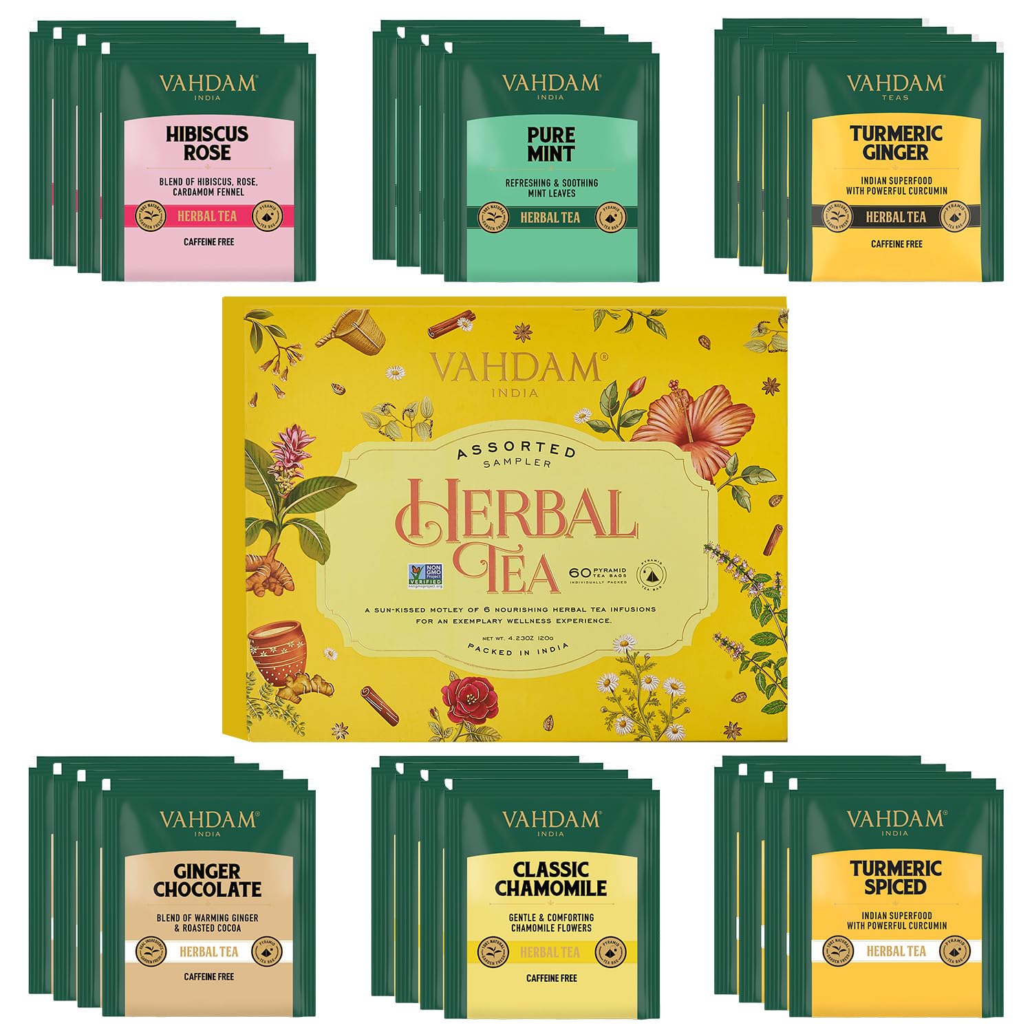 VAHDAM, Assorted Herbal Tea Sampler Gift Set (6 Variants, 60 Tea Bags) Caffeine Free, Gluten Free, Non GMO | Tea Variety Pack - Long Leaf Pyramid Tea Bags Variety Pack | Gifts for Women & Men