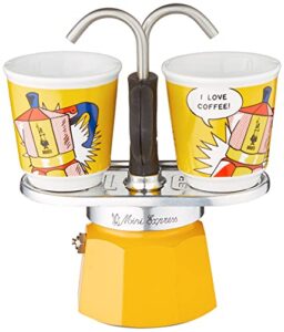 bialetti - mini express lichtenstein: moka set includes coffee maker 2-cup (2.8 oz) + 2 shot glasses, yellow, aluminium